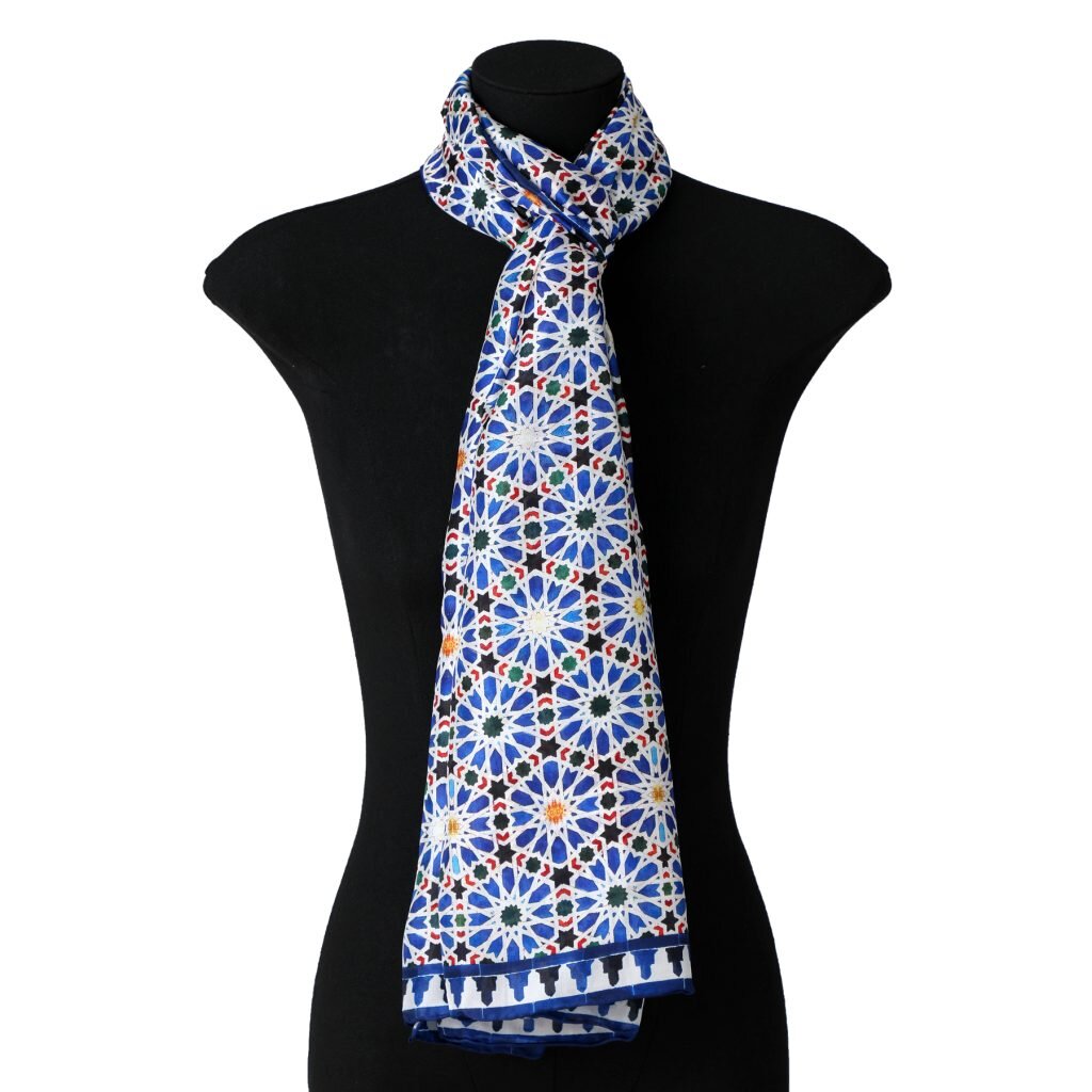 Large Silk Scarf with Blue Print Zellige • Hamzah